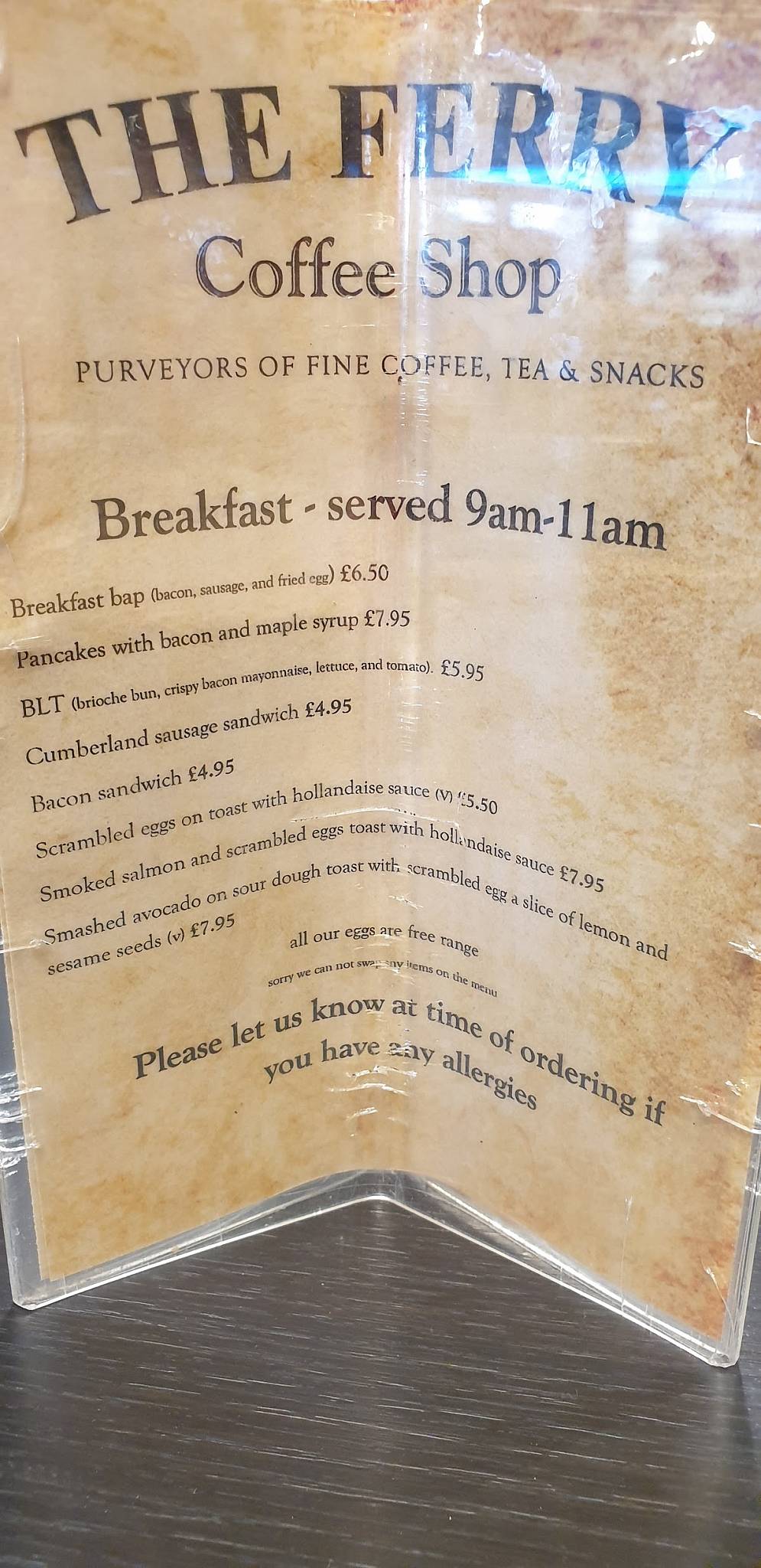 Menu at The Ferry Coffee Shop cafe, Shepperton