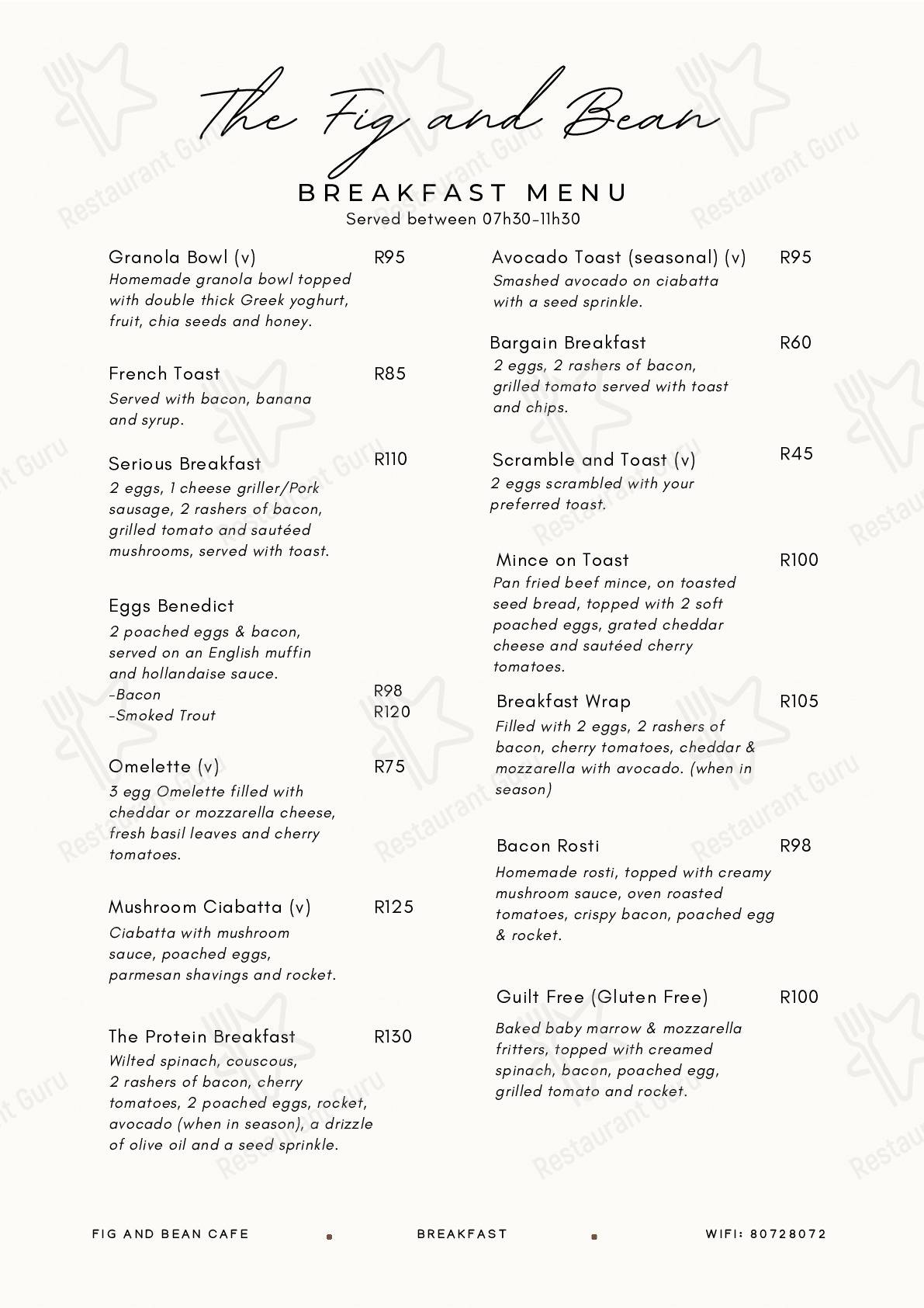 Menu at The Fig and Bean Cafe, Hoedspruit