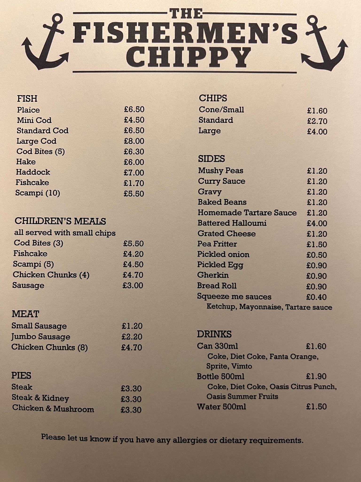 Menu at The Fishermens Chippy fast food, Mevagissey
