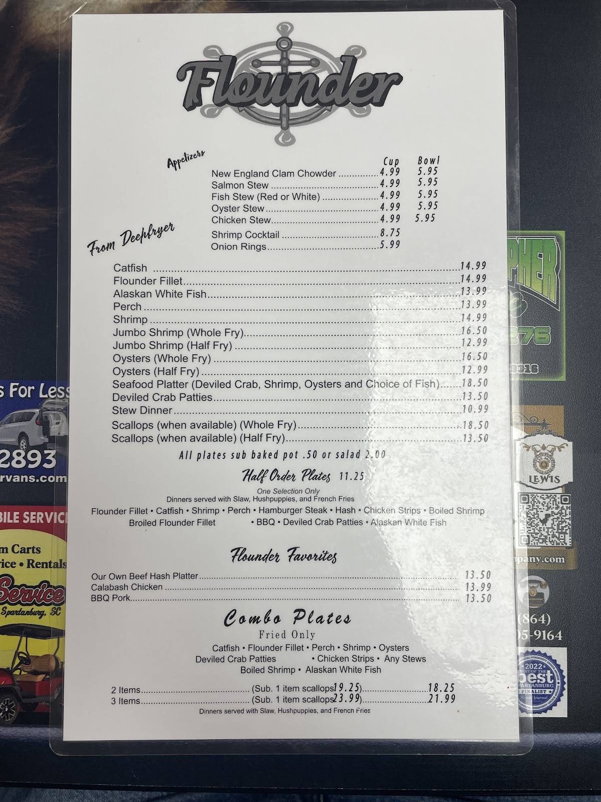 Menu at The Flounder BBQ, Spartanburg, 160 Barbado Ln