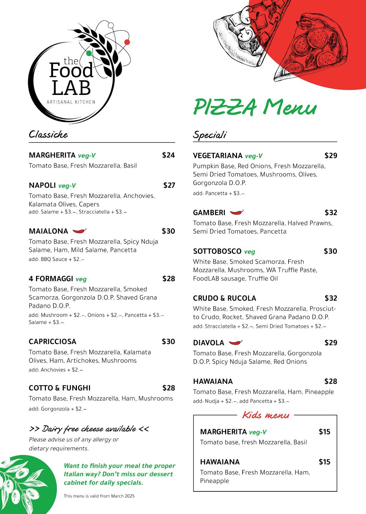 Menu at The Food Lab restaurant, Broome