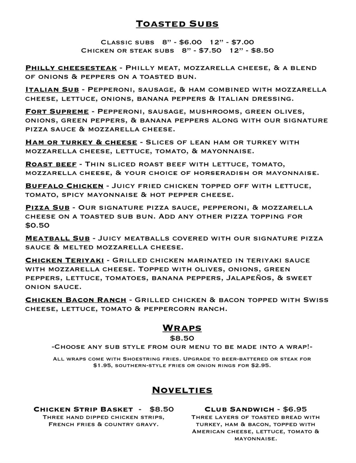 Menu at The Fort pizzeria, Sistersville