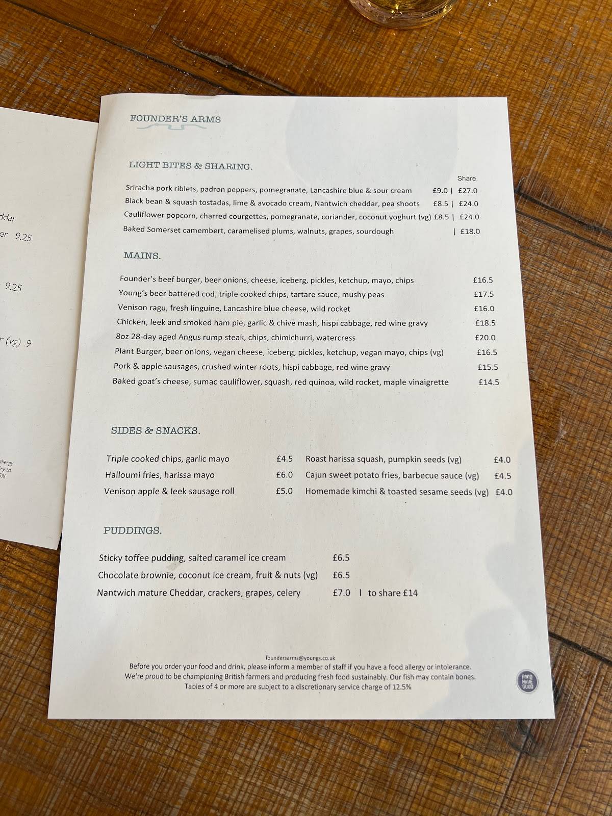 Menu at Founder's Arms pub & bar, London