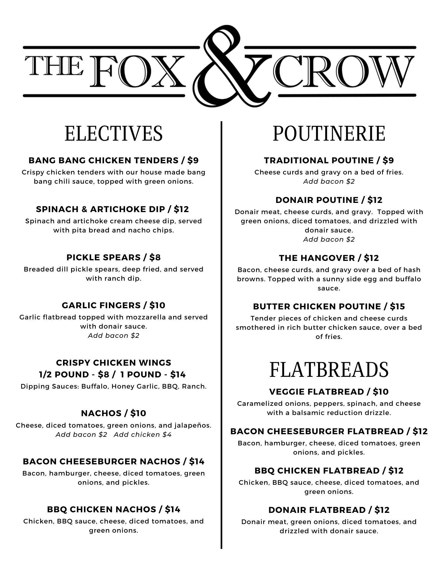 Menu at The Fox & Crow restaurant, Charlottetown