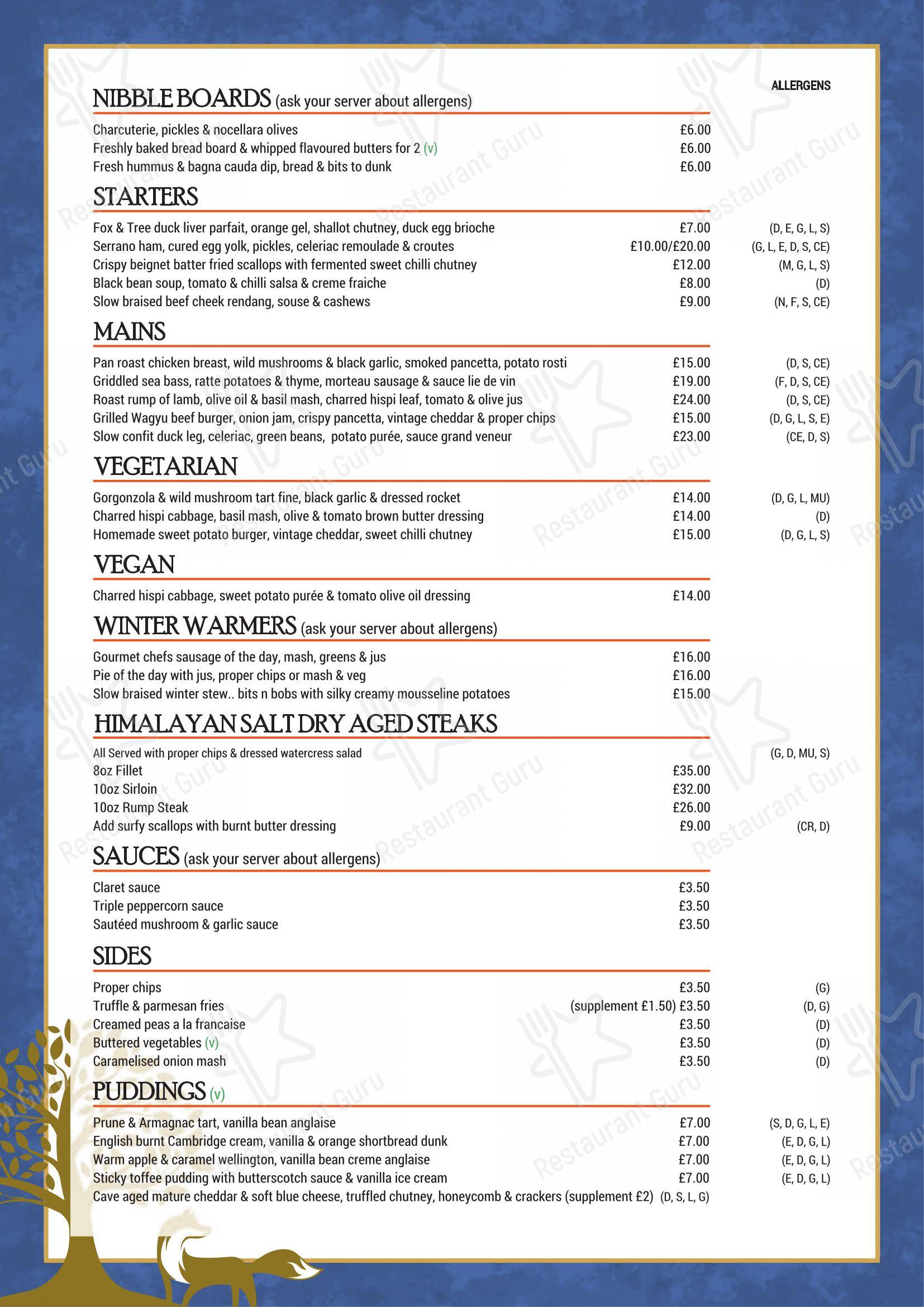 Menu at The Fox and Tree restaurant, Seaham