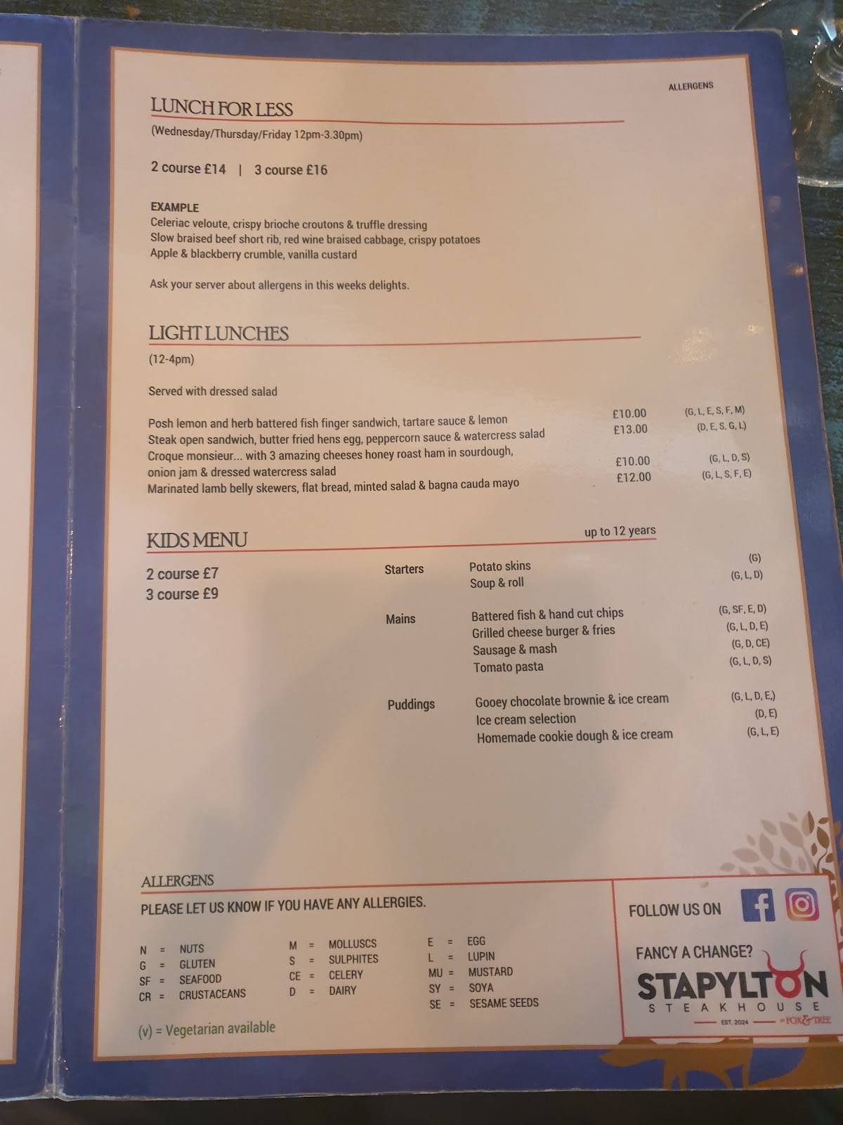 Menu at The Fox and Tree restaurant, Seaham