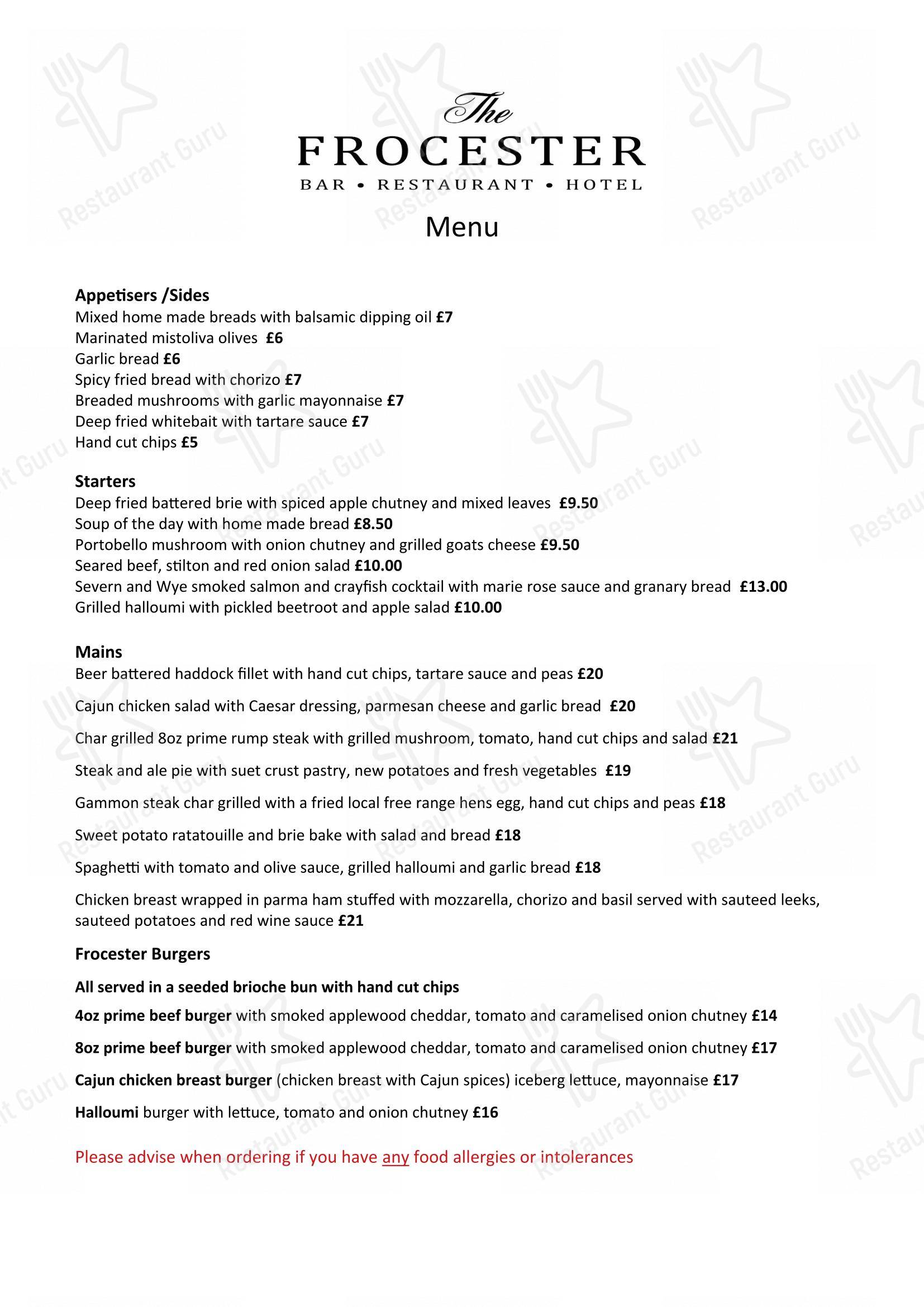 Menu at The Frocester pub & bar, Stonehouse