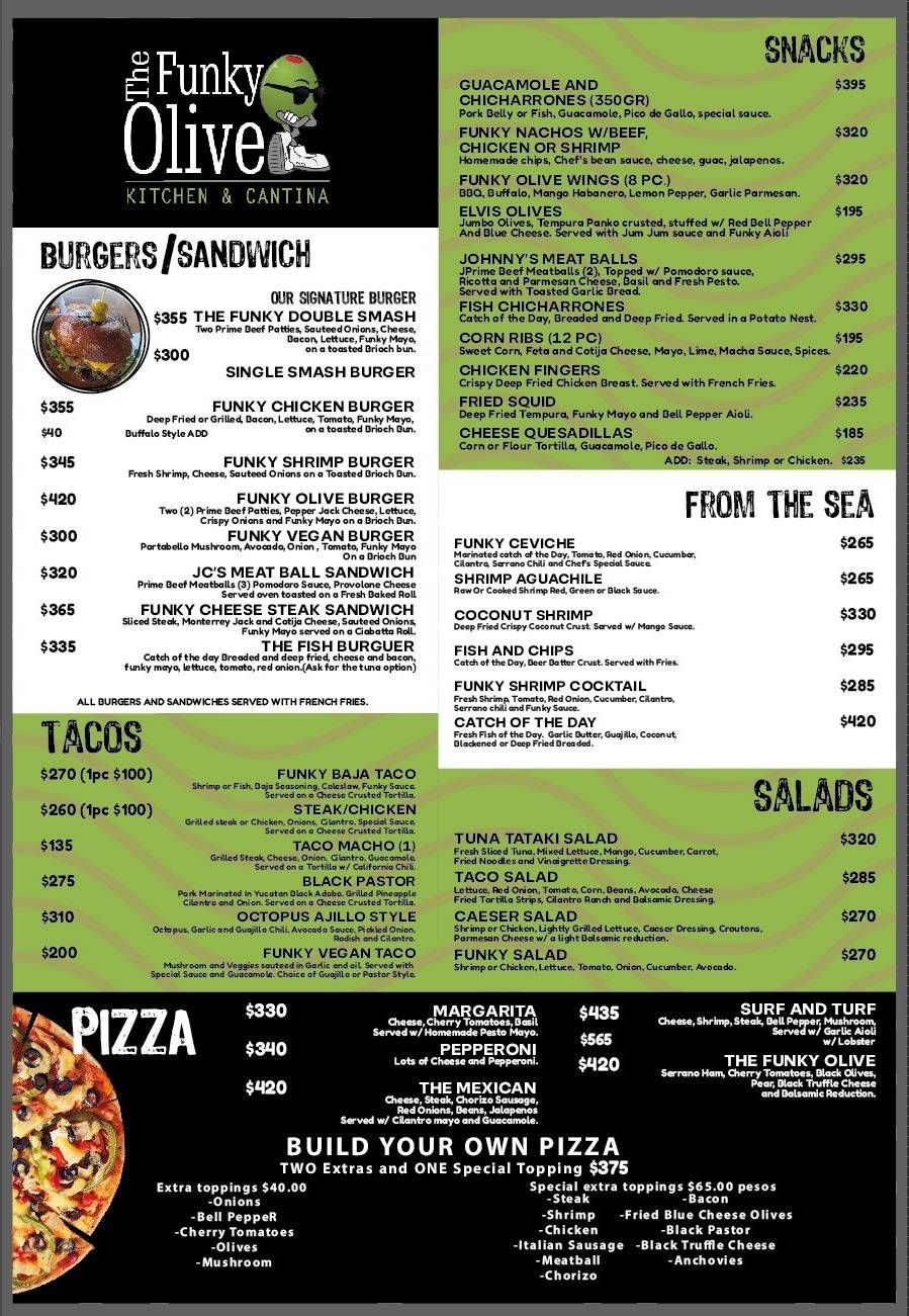 Menu at The Funky Olive restaurant, bar, pizza & sushi, Cabo San Lucas