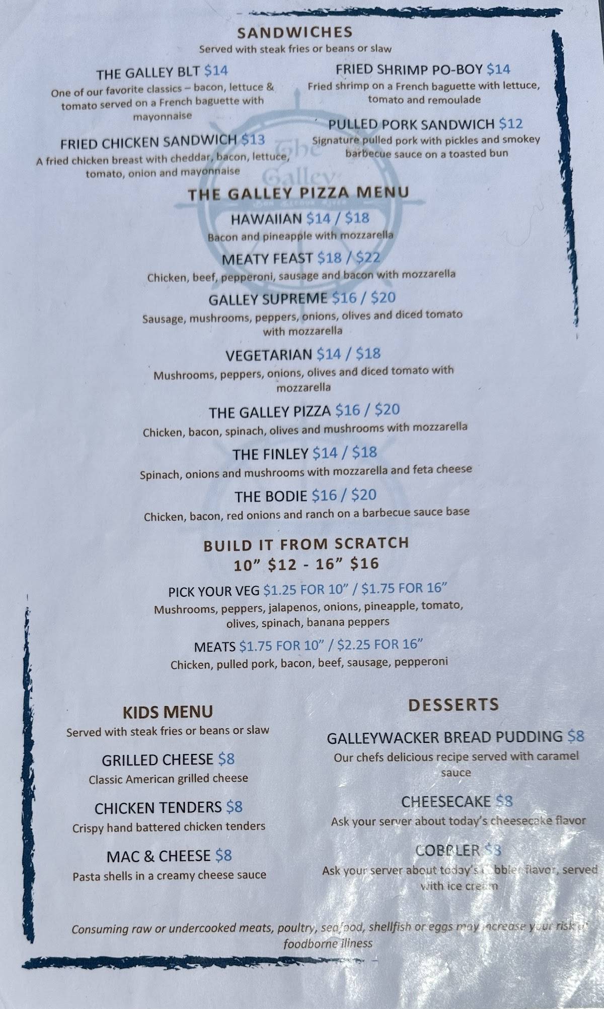 Menu at The Galley restaurant, Foley, Co Rd 10
