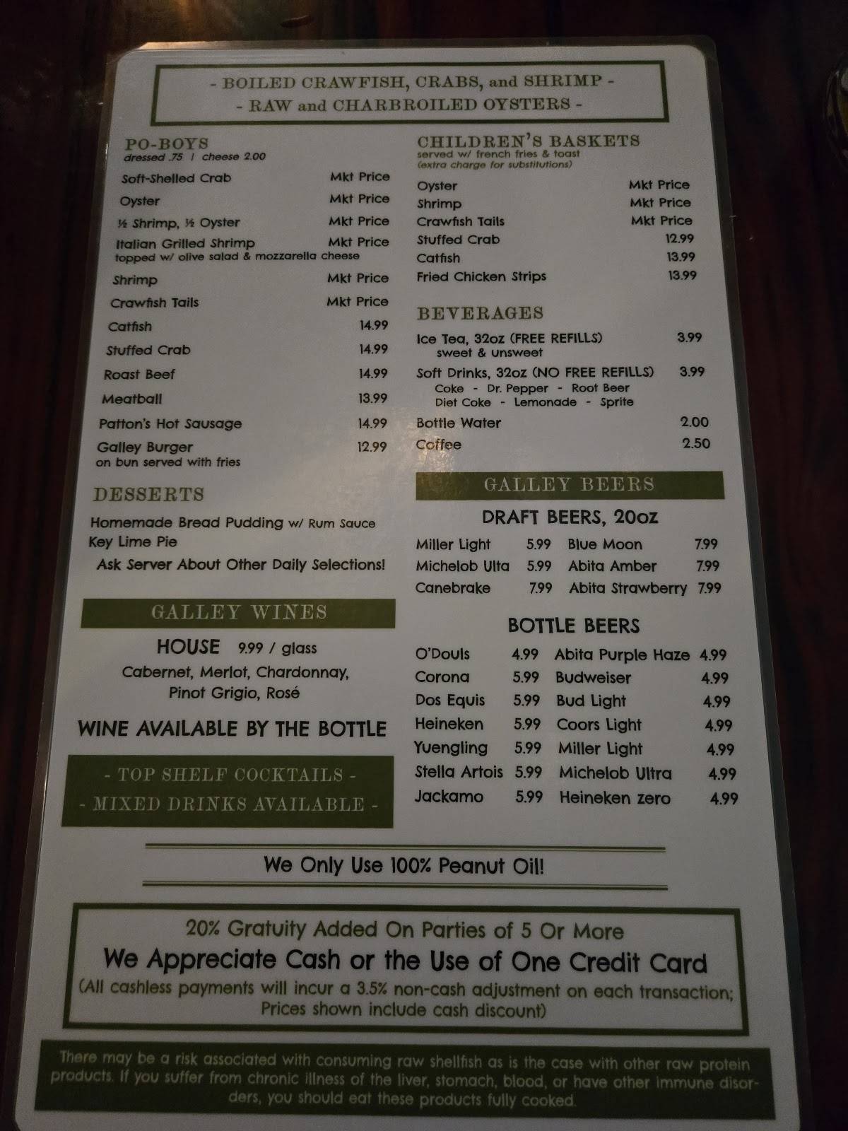 Menu at The Galley Seafood restaurant, Metairie, Metairie Rd