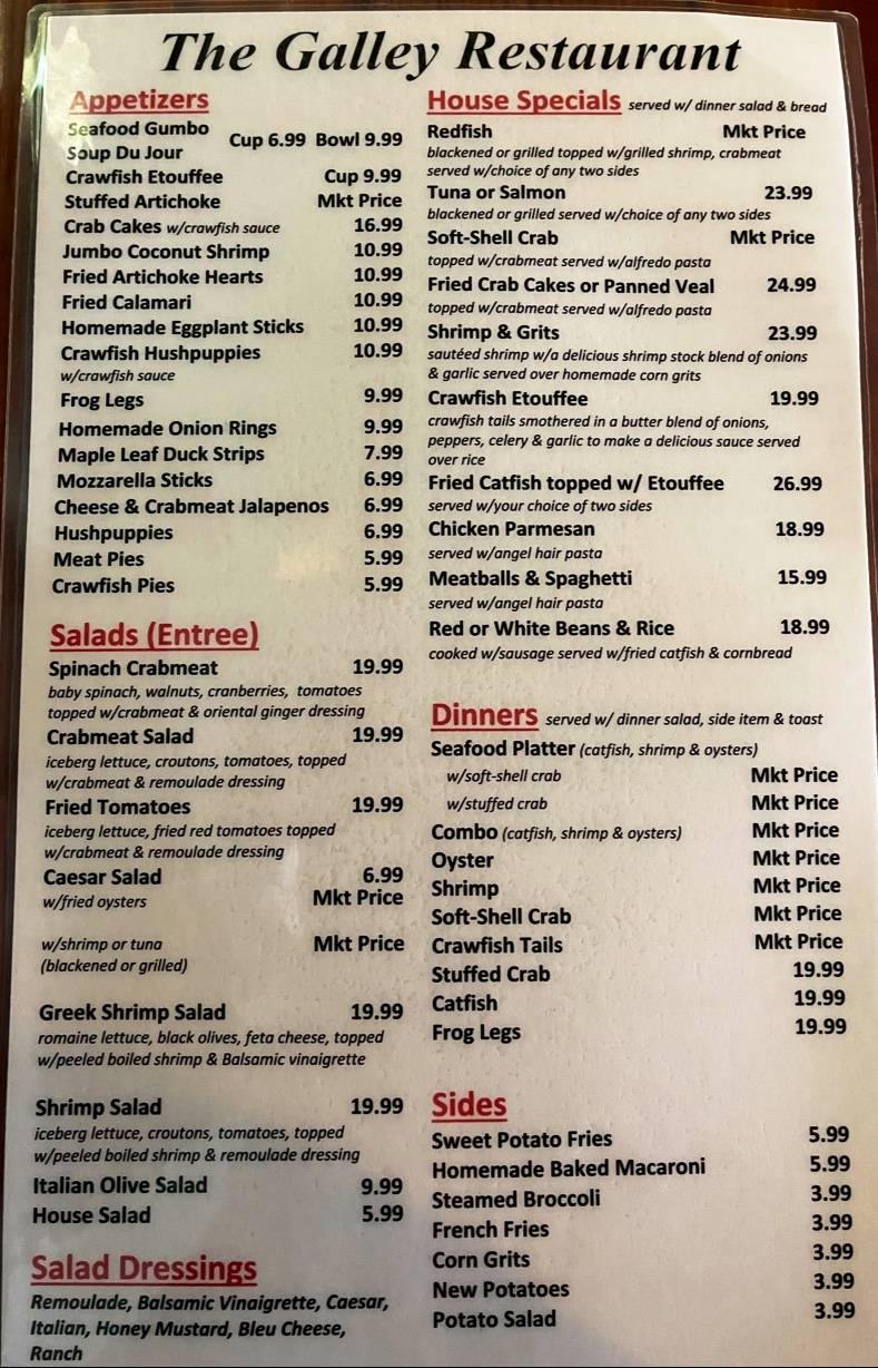 Menu at The Galley Seafood restaurant, Metairie, Metairie Rd