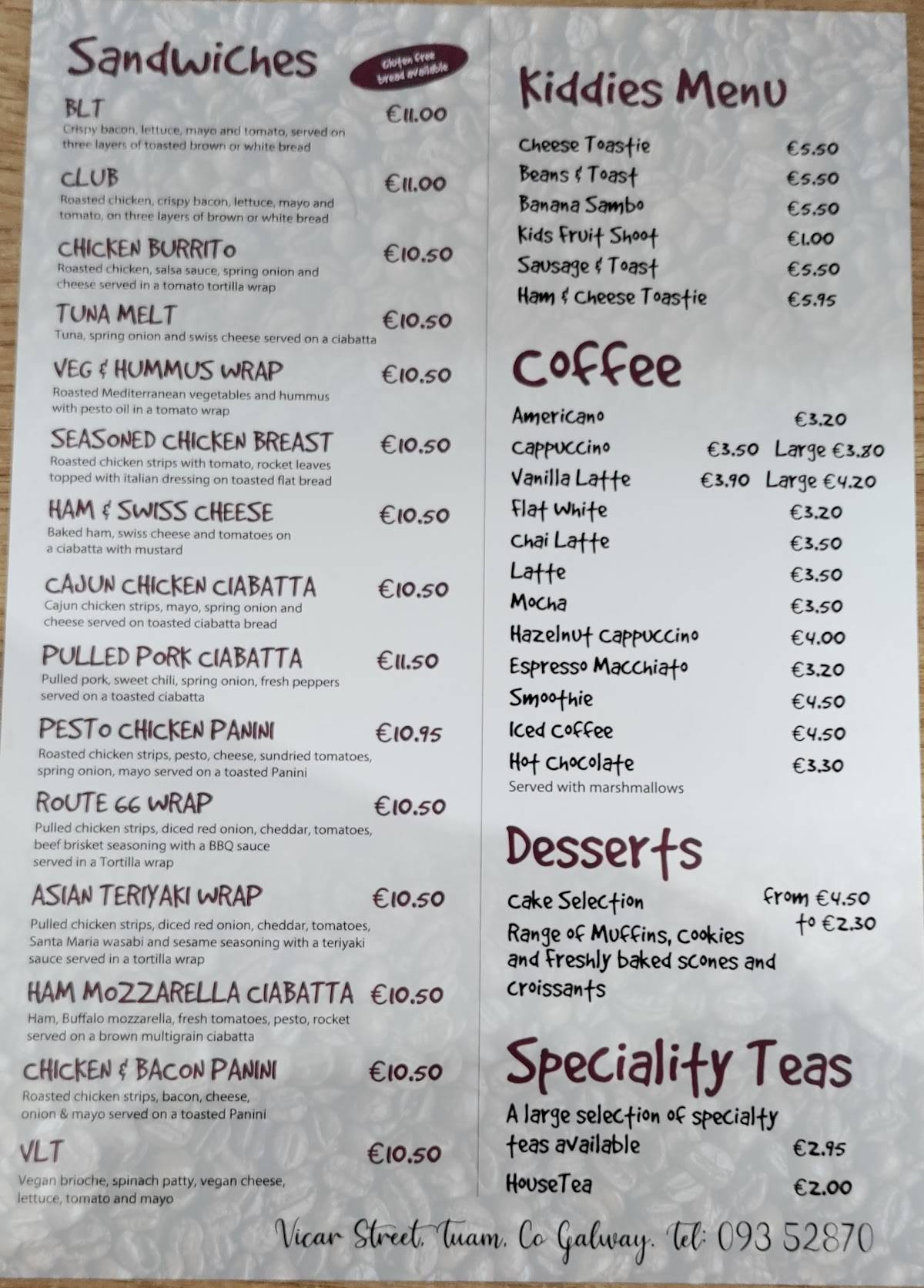 Menu at Curly Cup Cafe, Tuam