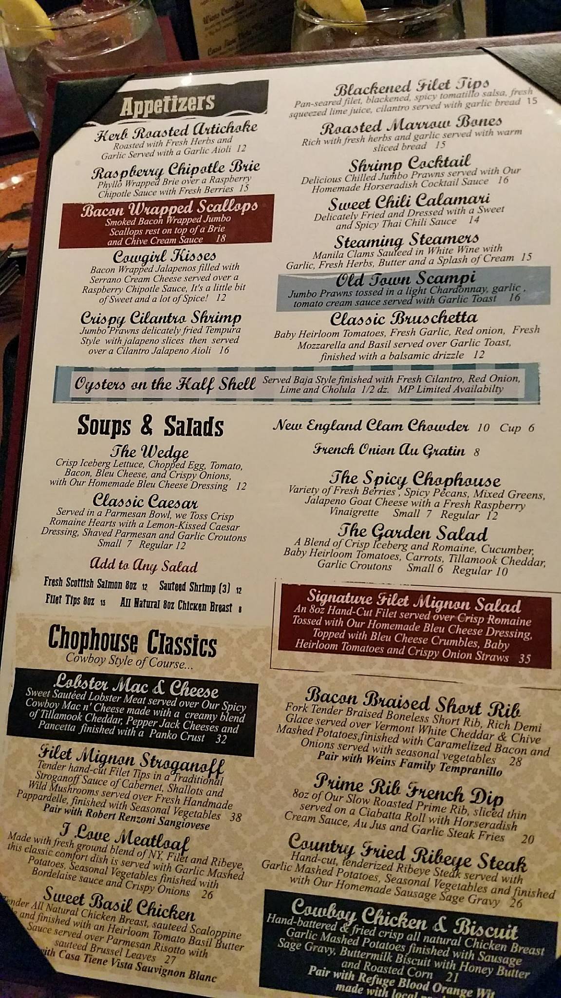 Menu at The Gambling Cowboy steakhouse, Temecula
