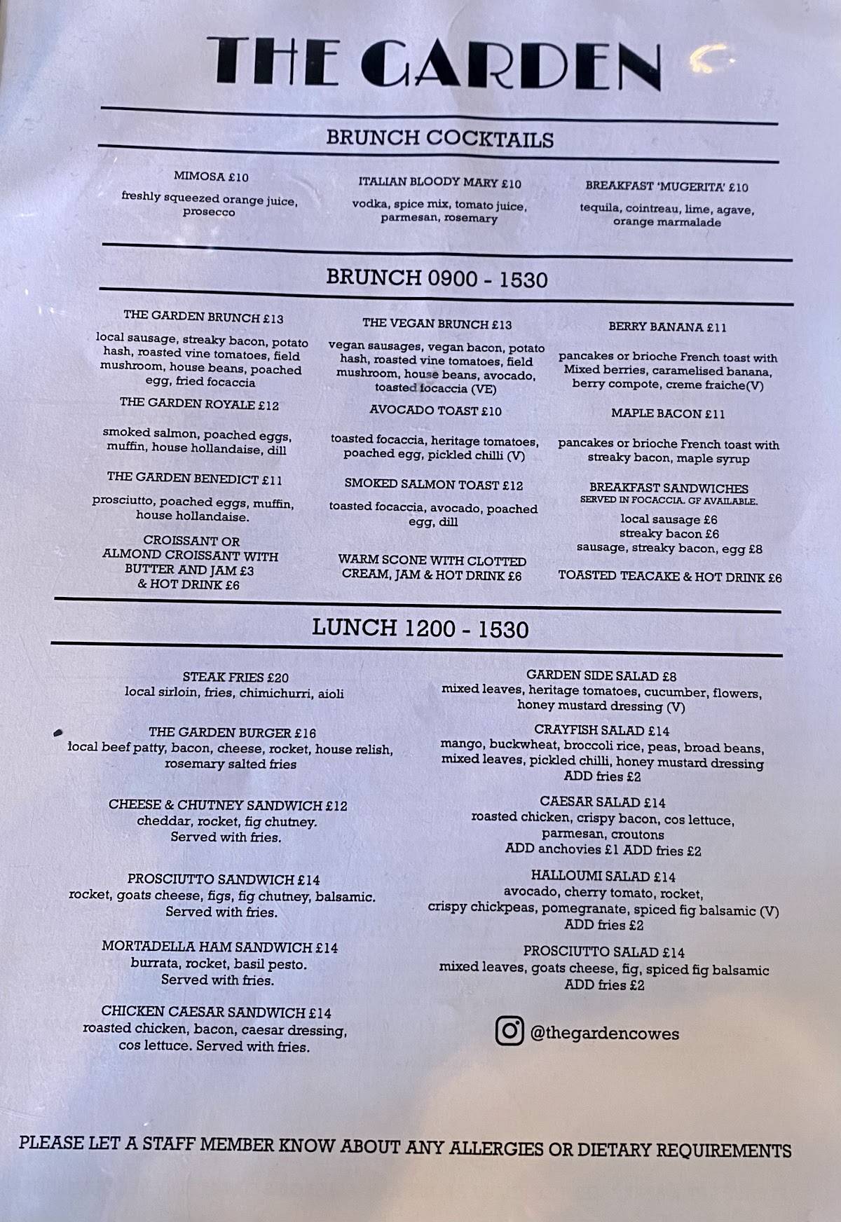 Menu at The Garden restaurant, Cowes