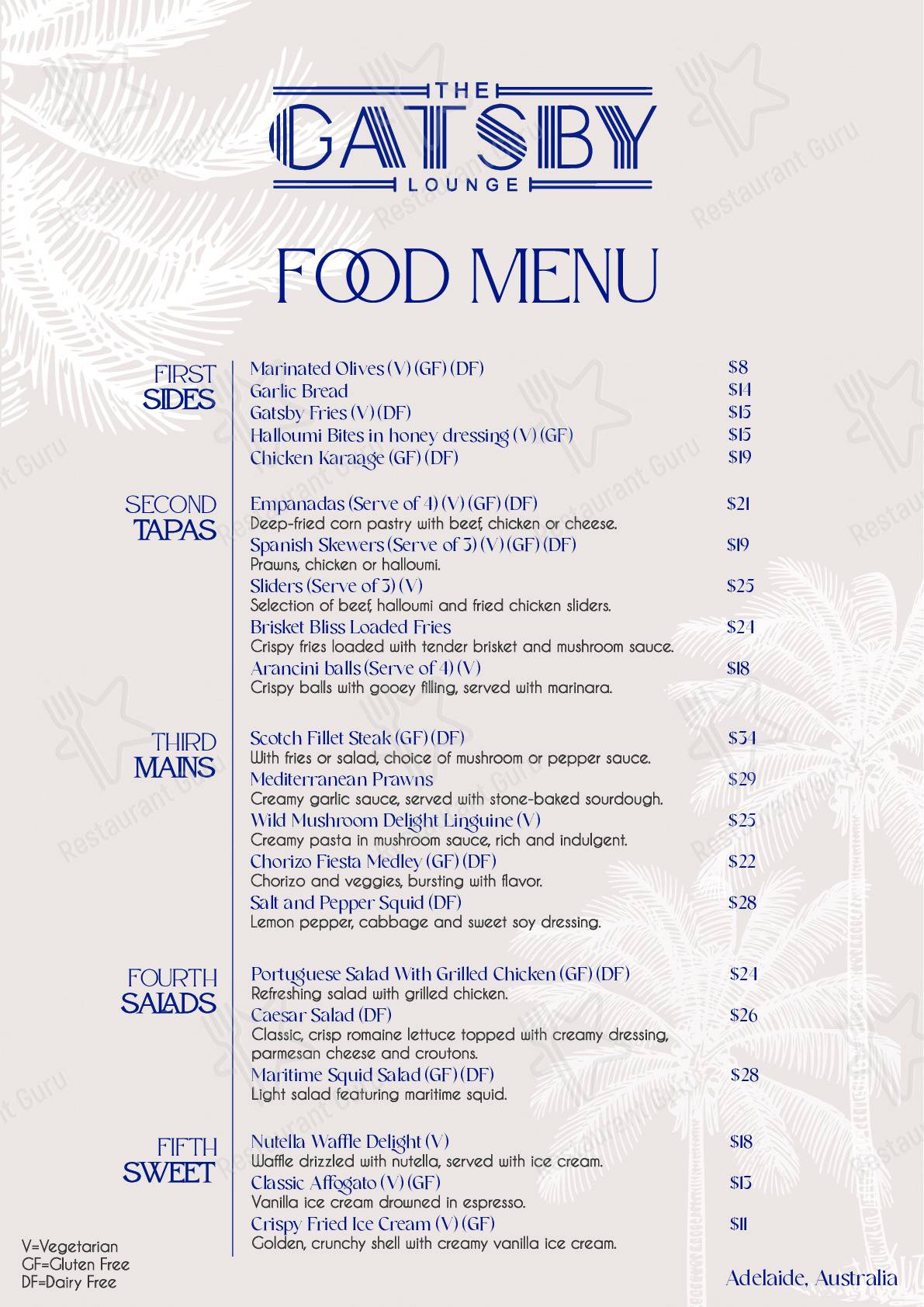 Menu at The Gatsby Lounge pub & bar, Adelaide
