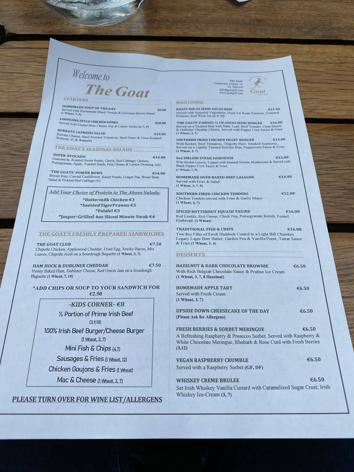 Menu at The Goat Bar & Grill, Dublin, 14 Lower Kilmacud Rd