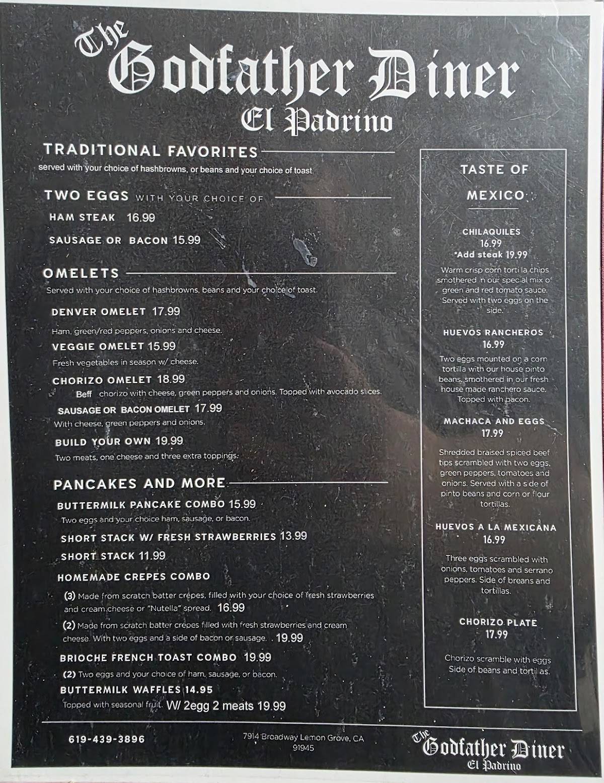 Menu at The Godfather's Diner restaurant, Lemon Grove