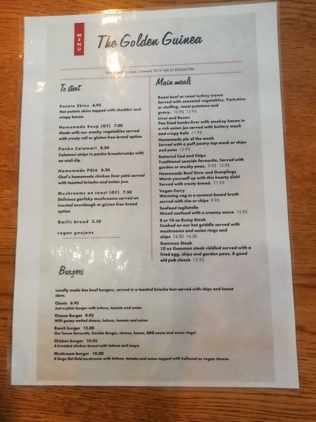 Menu at The Golden Guinea restaurant, Looe