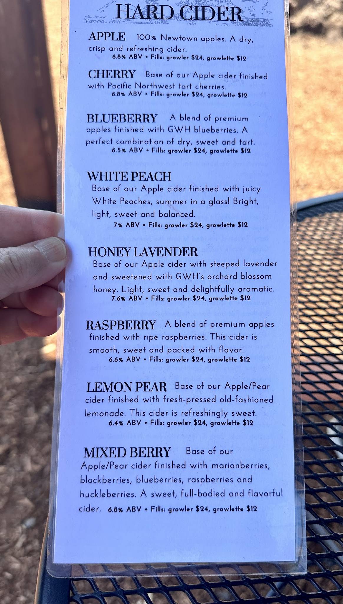 Menu at The Gorge White House restaurant, Hood River