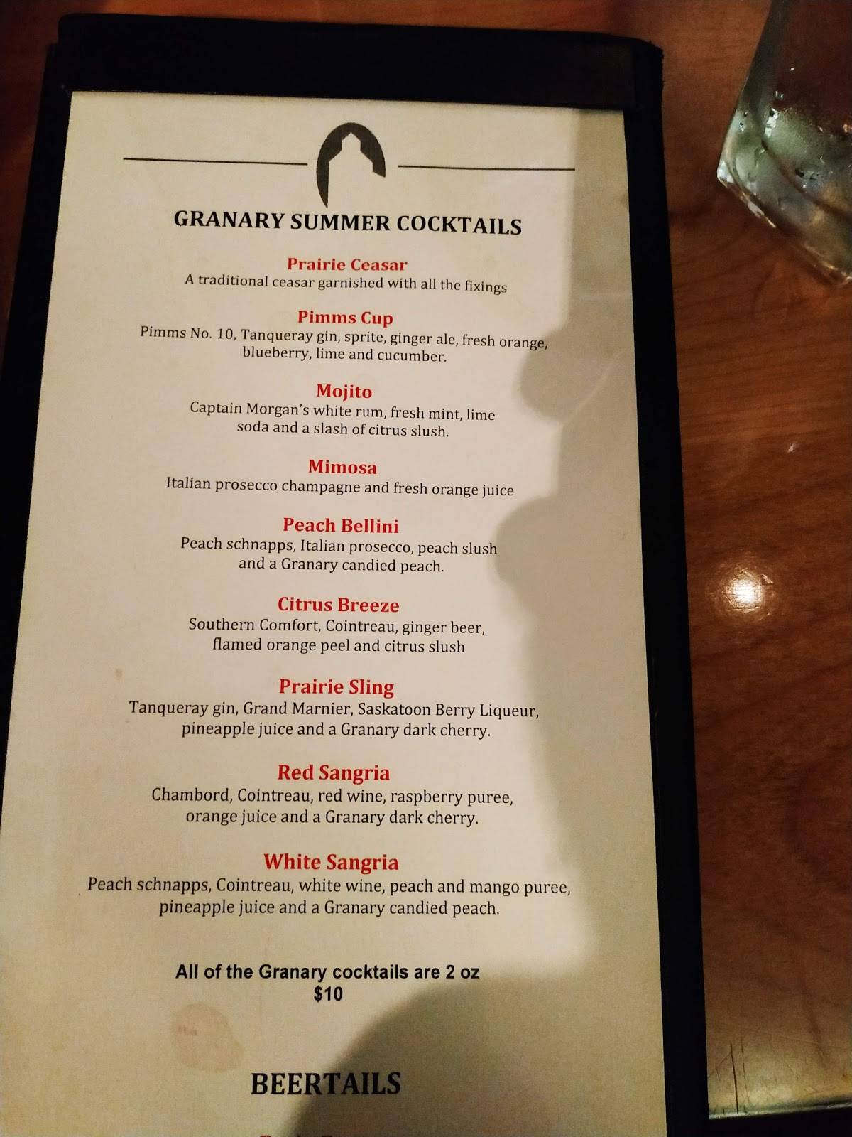 Menu at The Granary steakhouse, Saskatoon