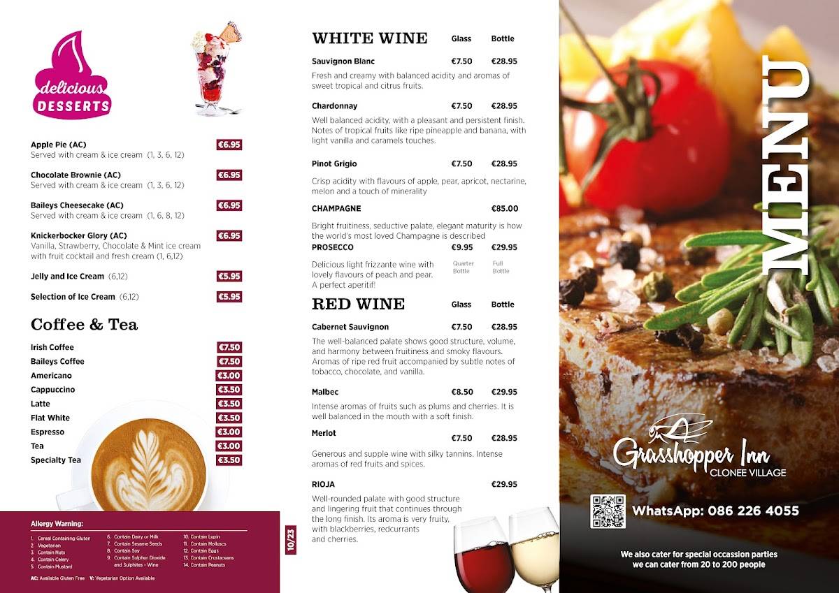 Menu at The Grasshopper Inn pub & bar, Ireland