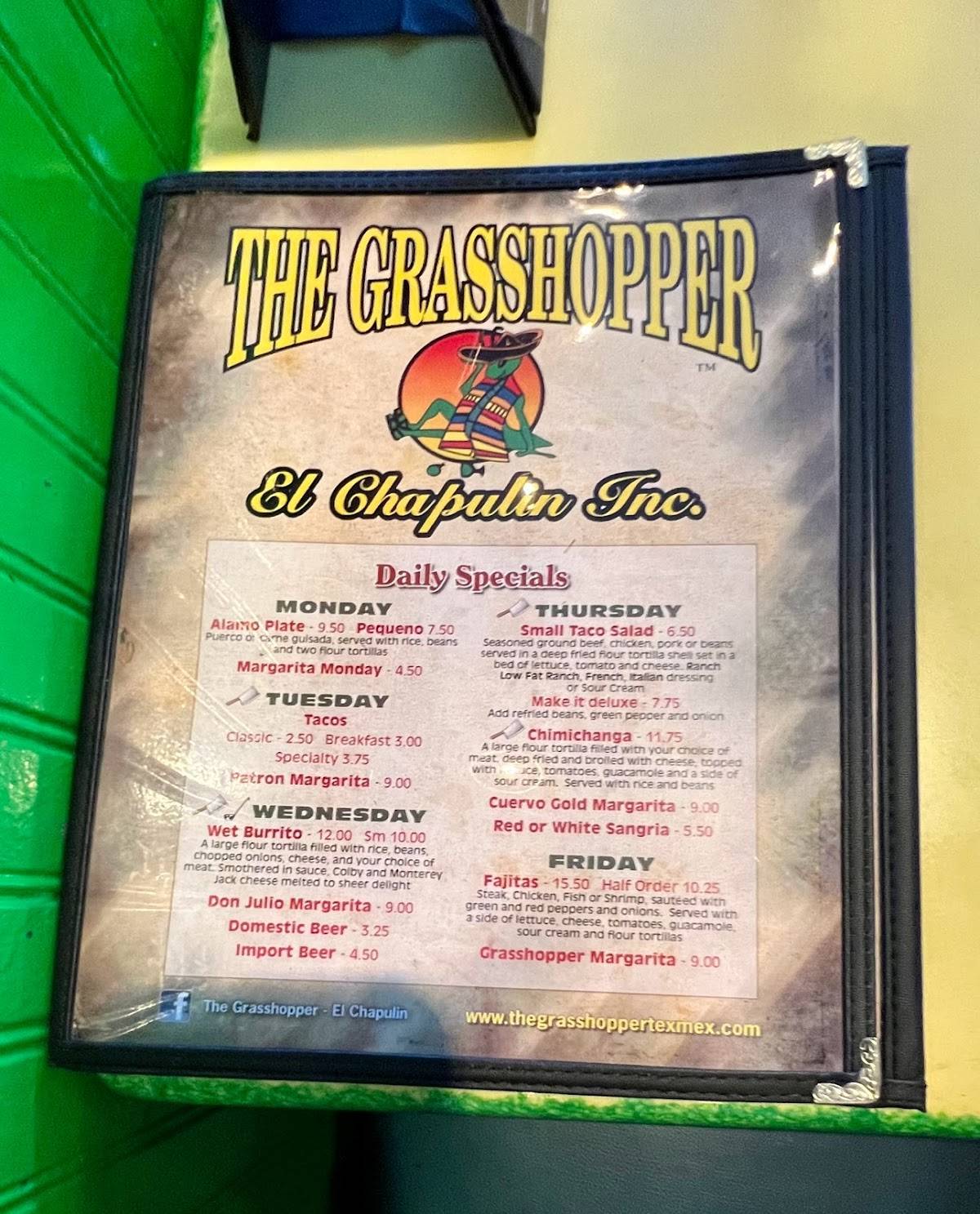 Menu at The Grasshopper Mexican Restaurant & Bar, Sarasota