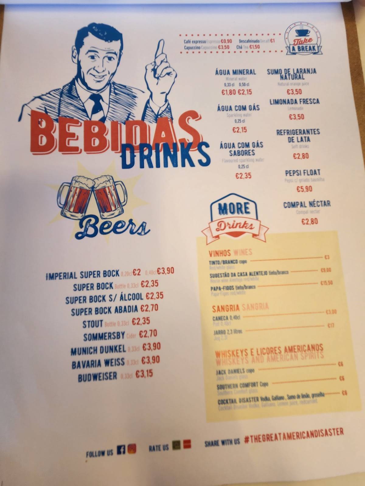 Menu at The Great American Disaster pub & bar, Lisbon