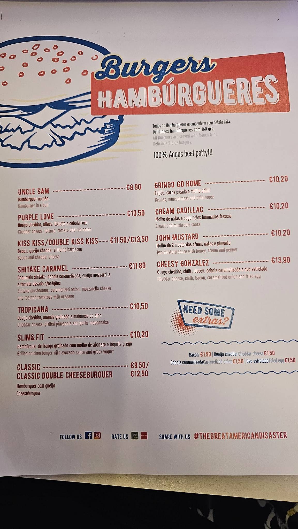 Menu at The Great American Disaster pub & bar, Lisbon
