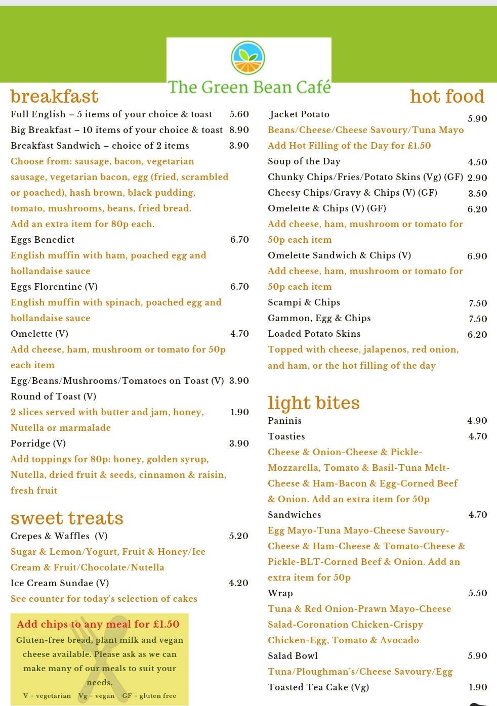 Menu at The Green Bean cafe, Sunderland