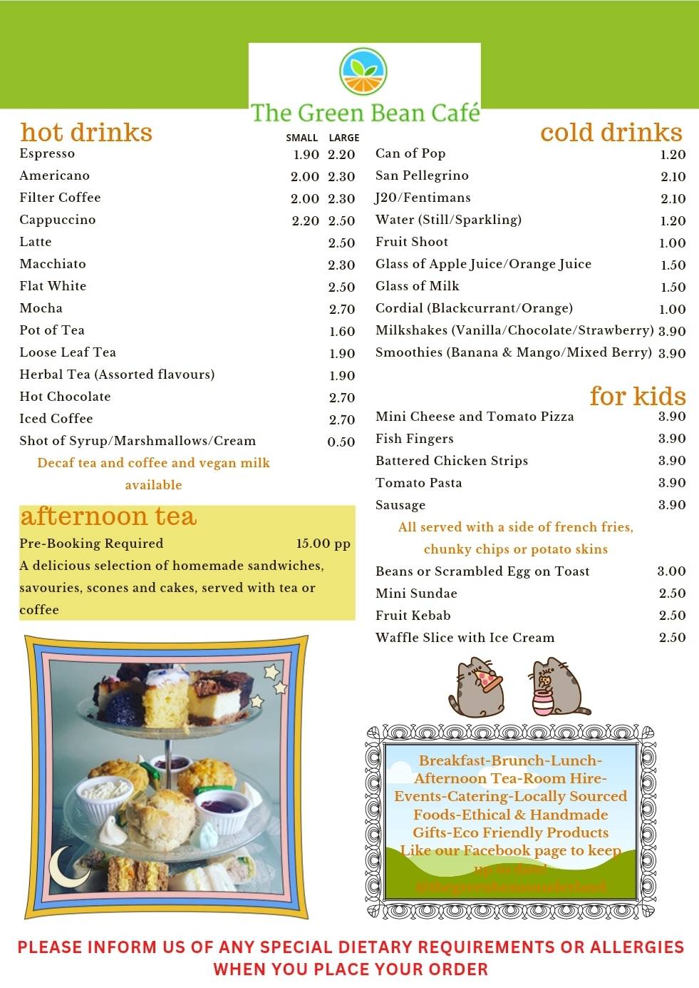Menu at The Green Bean cafe, Sunderland