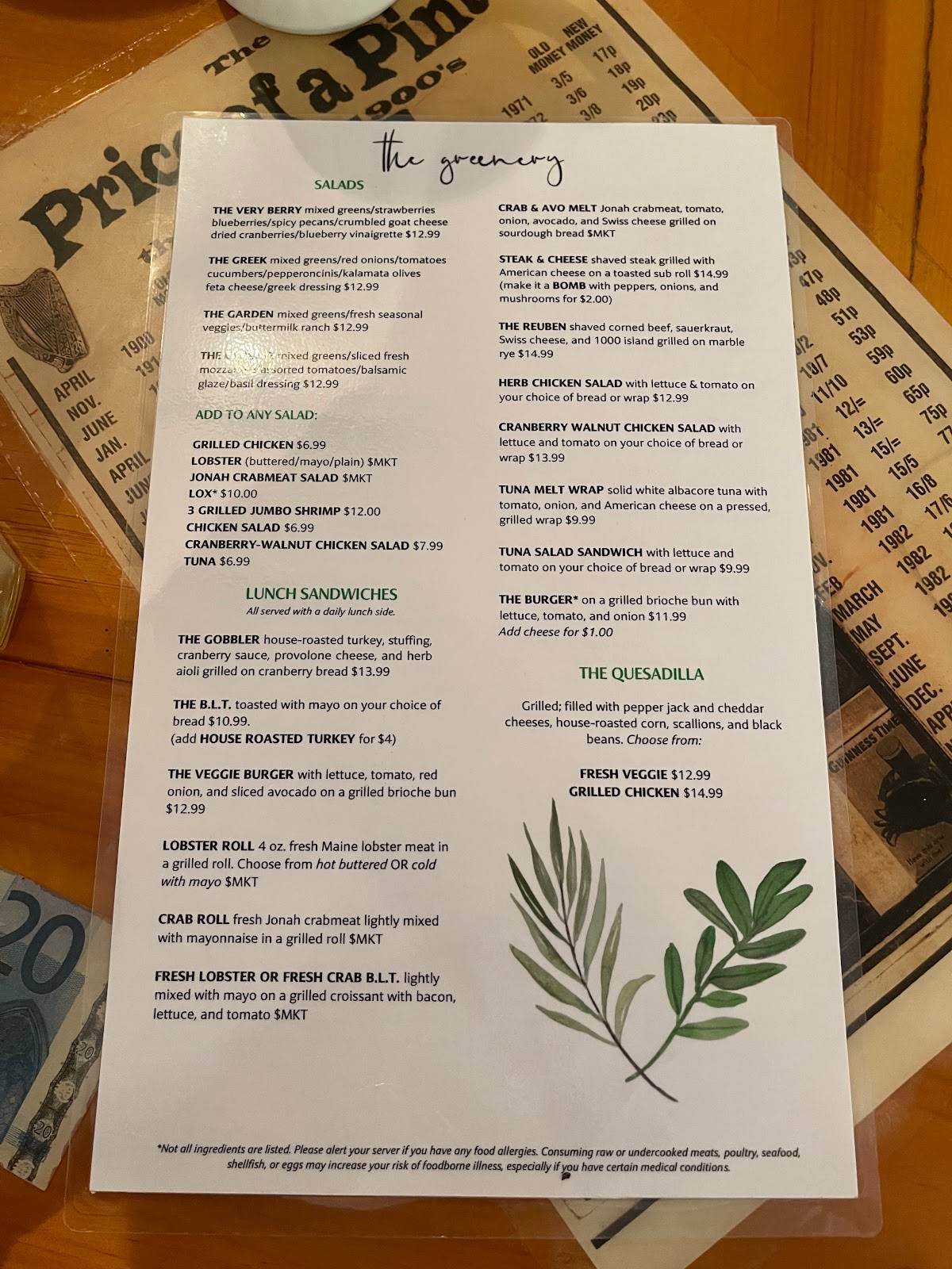 Menu at The Greenery Cafe, Ogunquit