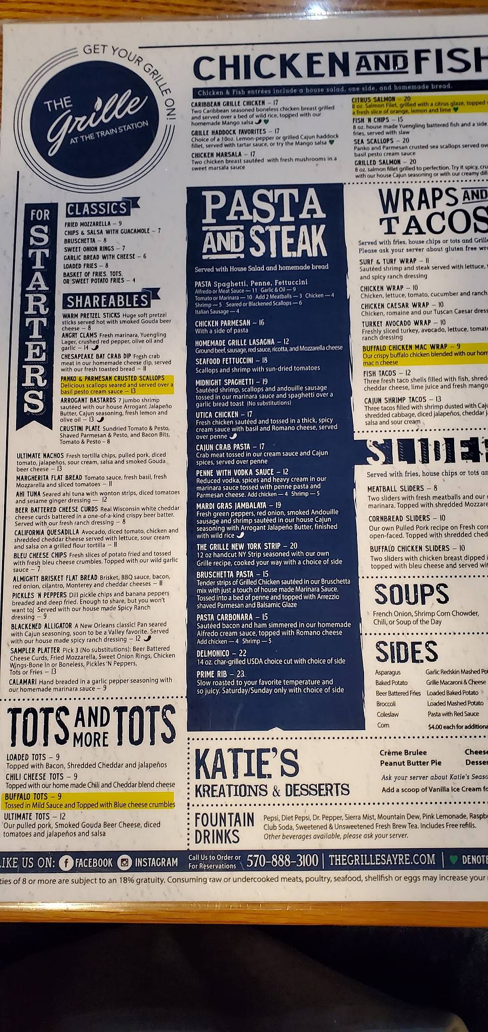 Menu at The Grille at the Train Station pub & bar, Sayre