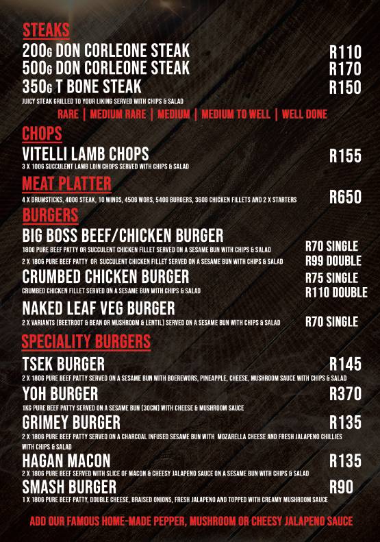 Menu at The Grillfather Mitchells Plain restaurant, Cape Town