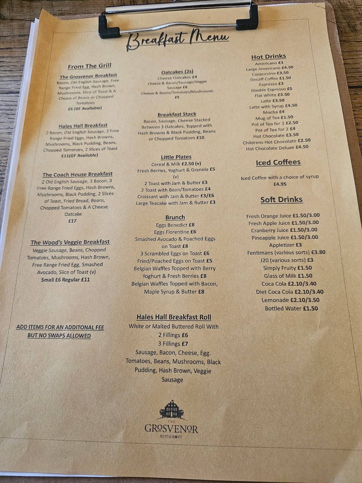 Menu at The Grosvenor Restaurant at Hales Hall, Alton