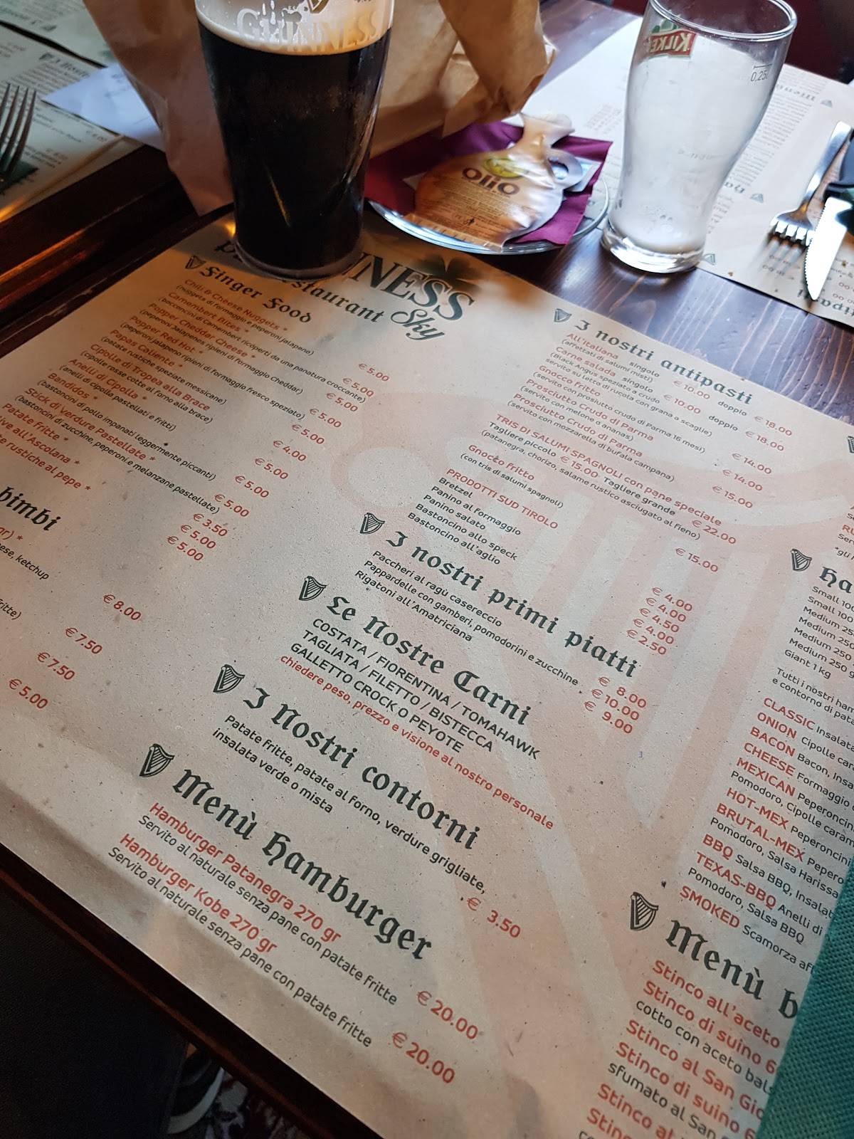 Menu da The Guinness Sky pub & bar, Gattico