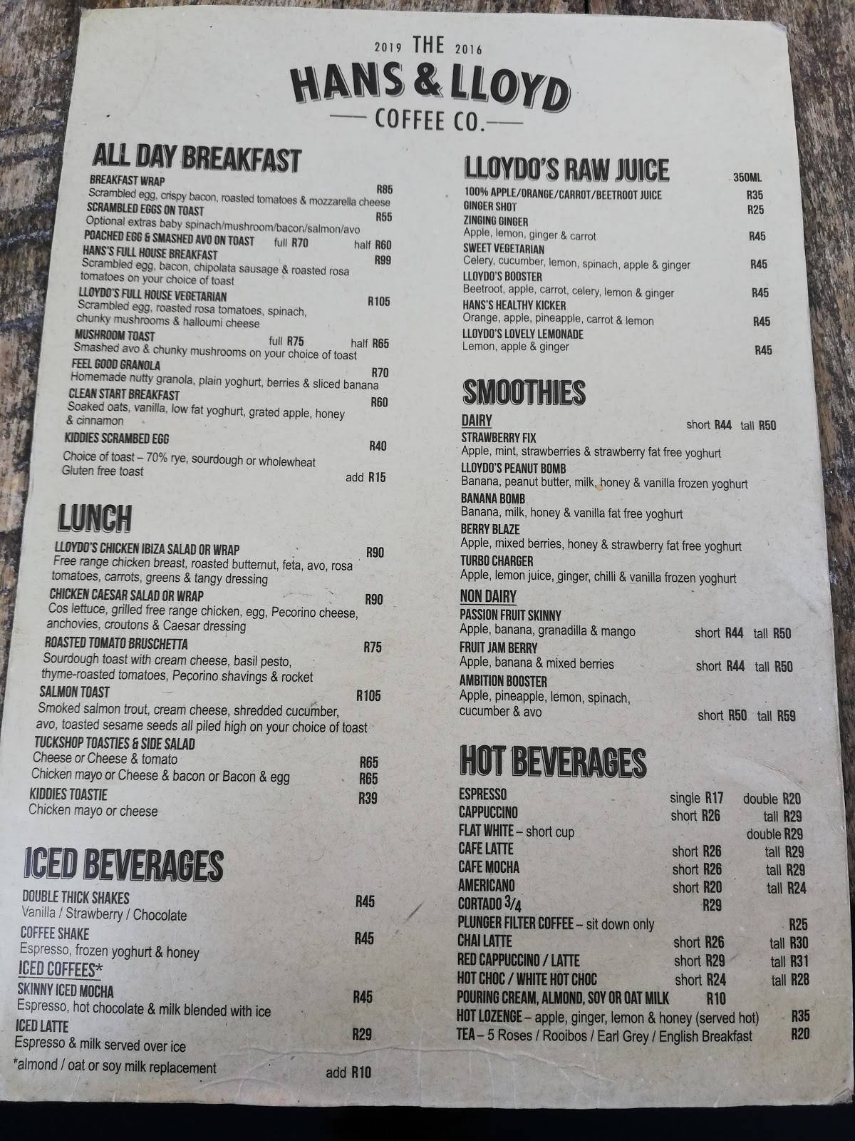 Menu at The Hans & Lloyd Coffee Co Newlands restaurant, Cape Town