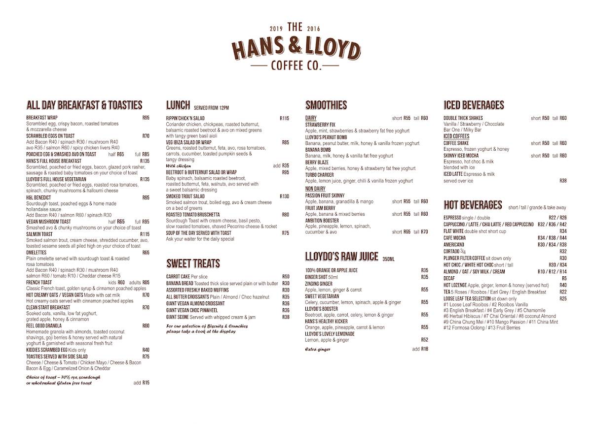 Menu at The Hans & Lloyd Coffee Co Newlands restaurant, Cape Town
