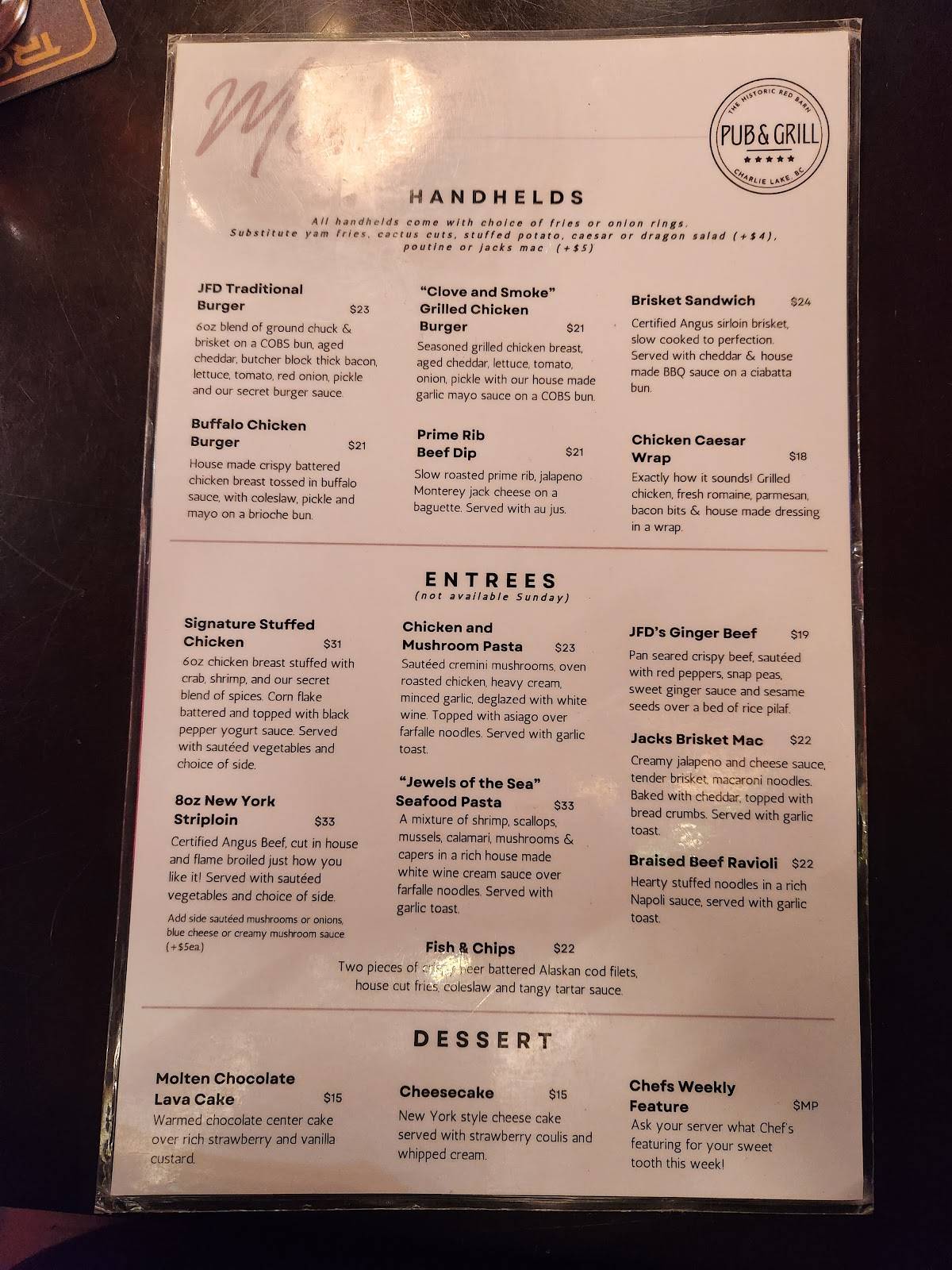 Menu at The Historic Red Barn Pub and Grill, Charlie Lake