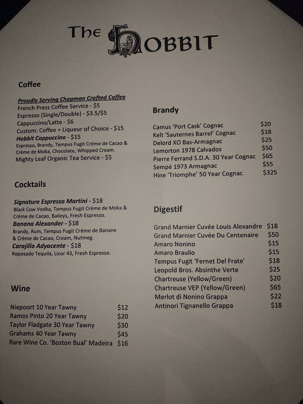 Menu at The Hobbit restaurant, Orange