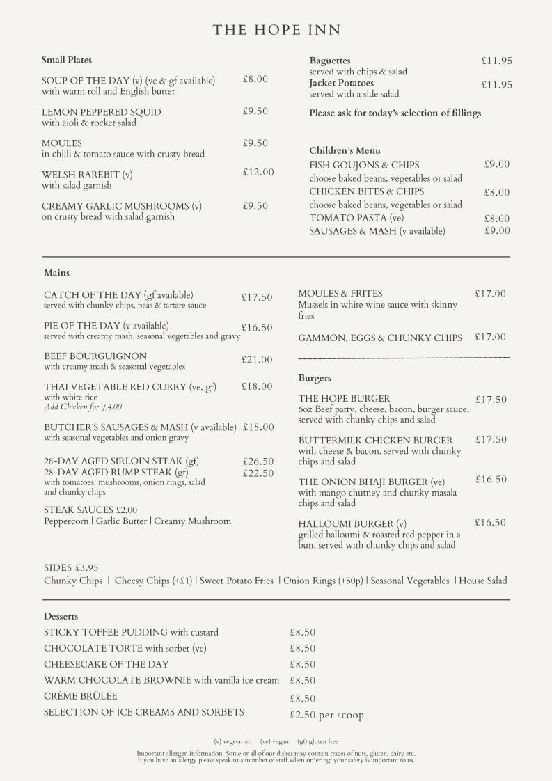 Menu at The Hope Inn pub & bar, Newhaven
