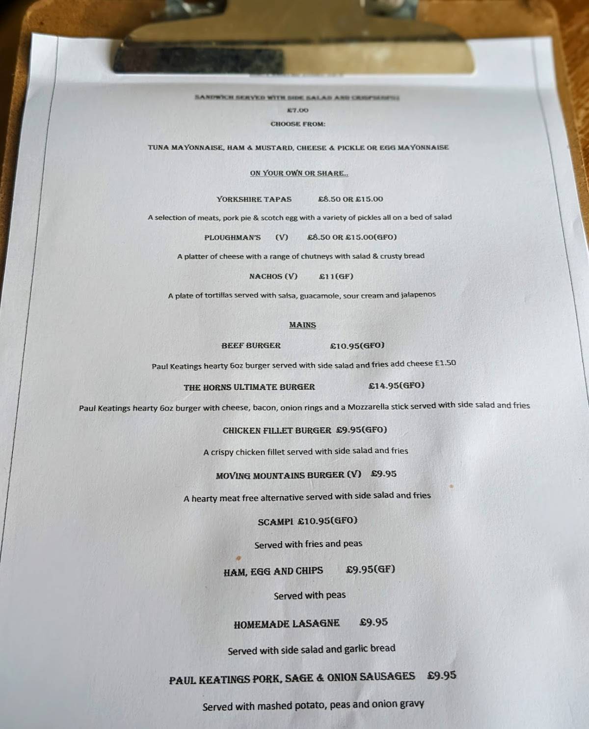 Menu at The Horns Inn pub & bar, Wimborne Minster