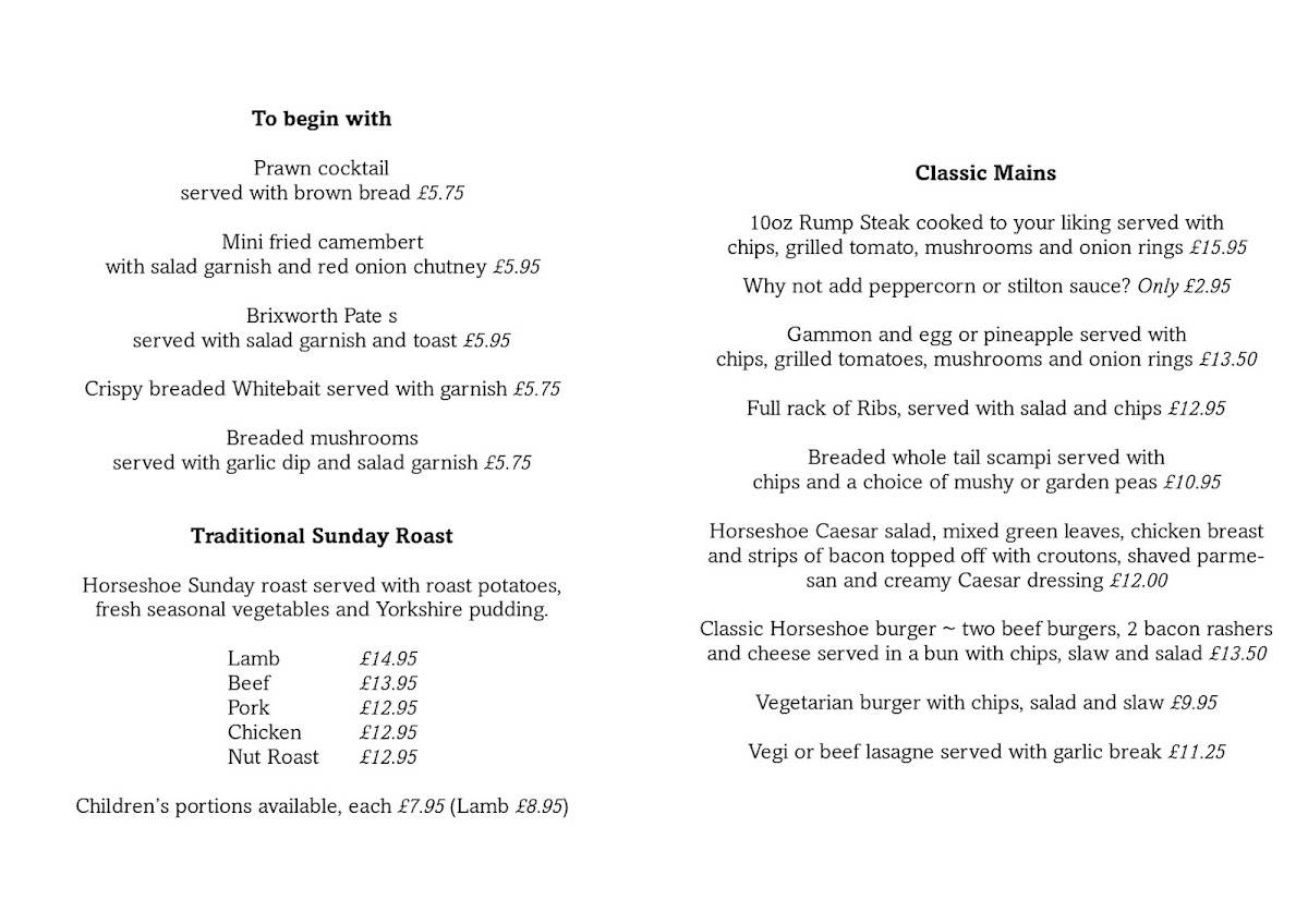 Menu at The Horseshoe Sywell pub & bar, Northampton, 2 Overstone Rd