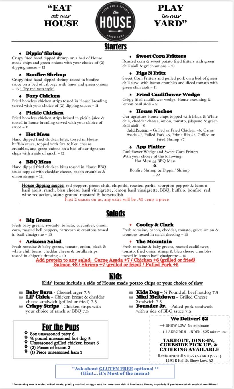 Menu at The House restaurant, Show Low