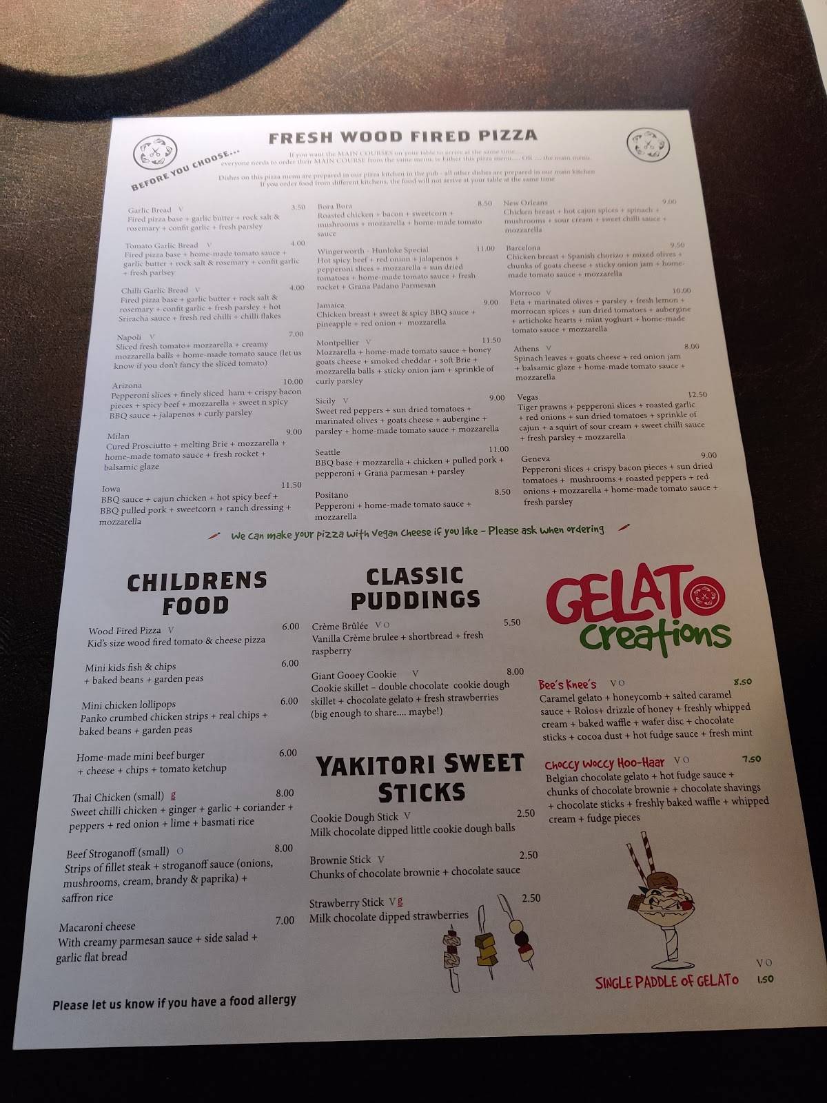 Menu at The Hunloke Arms restaurant, Chesterfield, Derby Rd