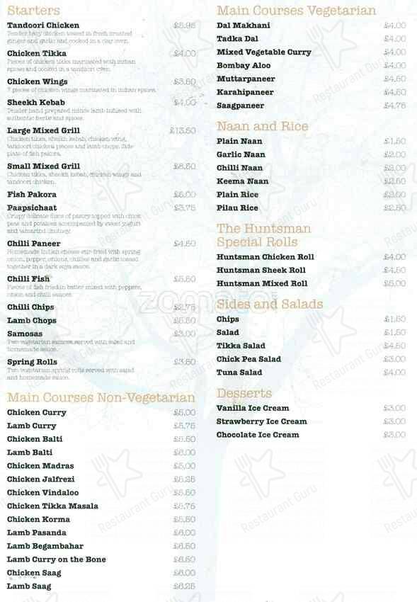 Menu at The Huntsman pub & bar, Birmingham