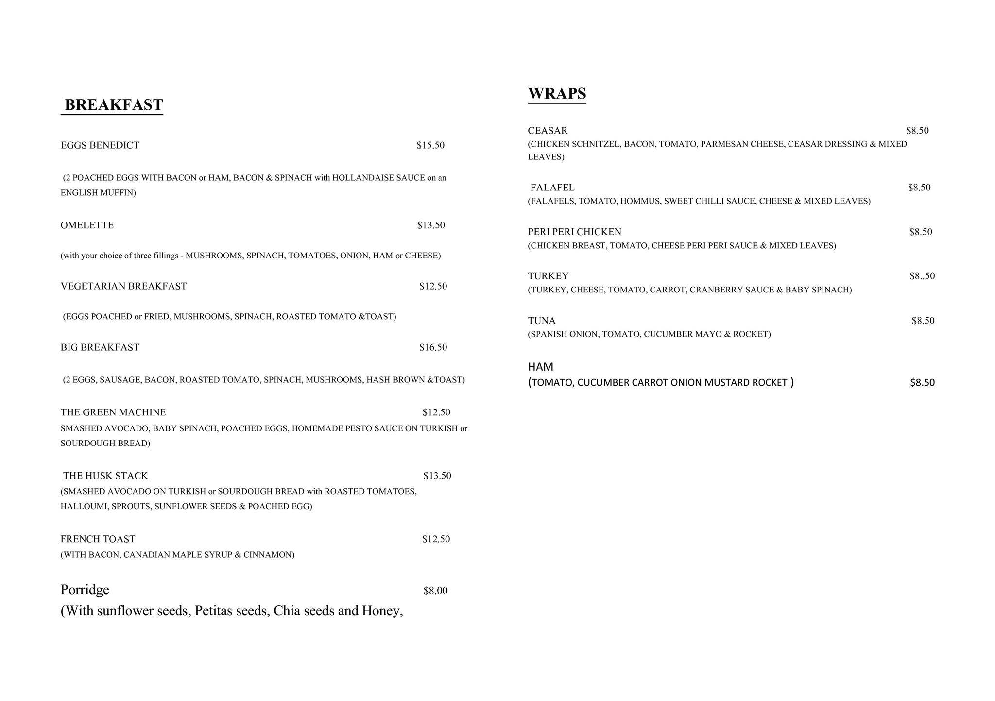 Menu at The Husk Cafe, Miranda