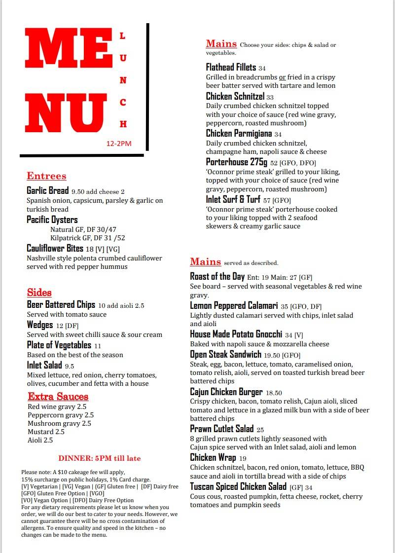 Menu at The Inlet Hotel restaurant, Inverloch