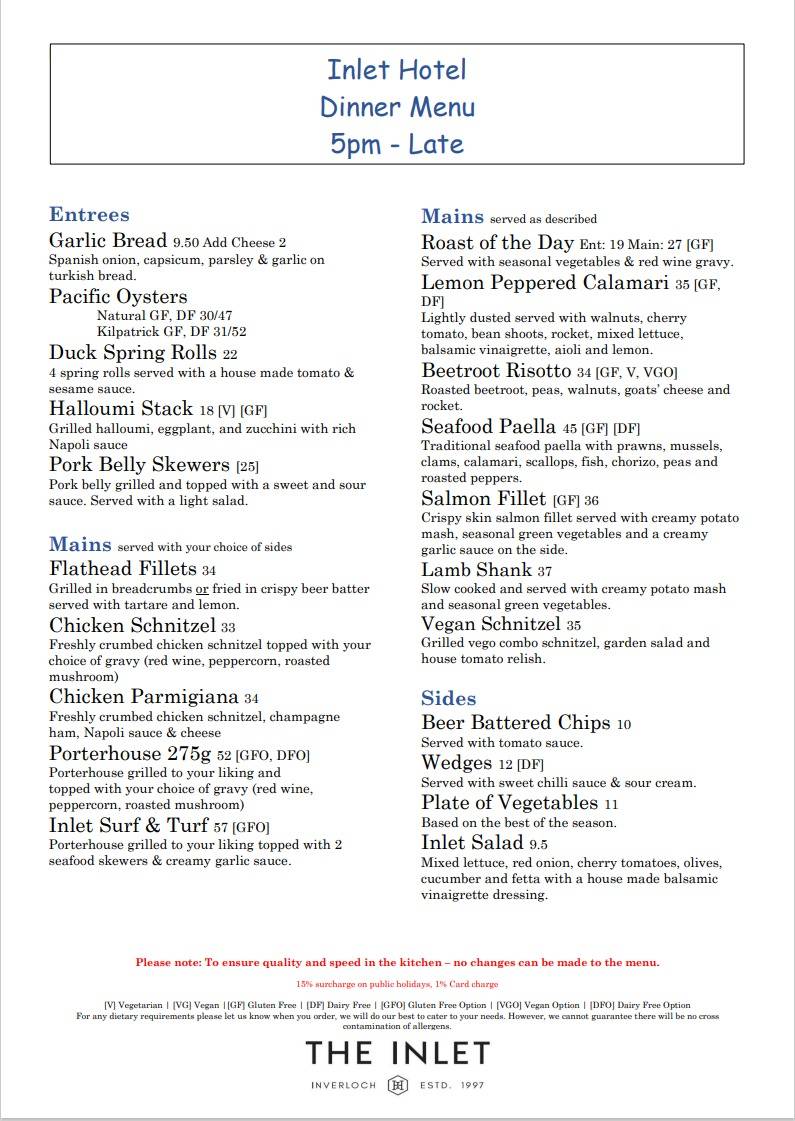 Menu at The Inlet Hotel restaurant, Inverloch