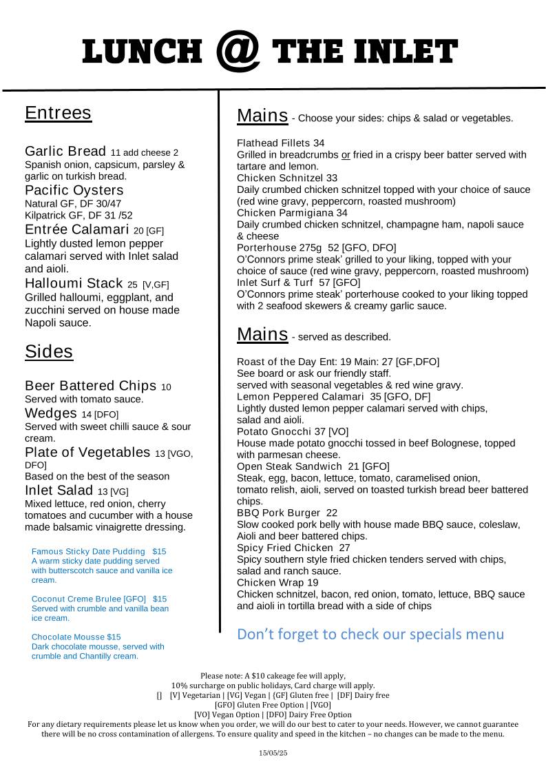 Menu at The Inlet Hotel restaurant, Inverloch