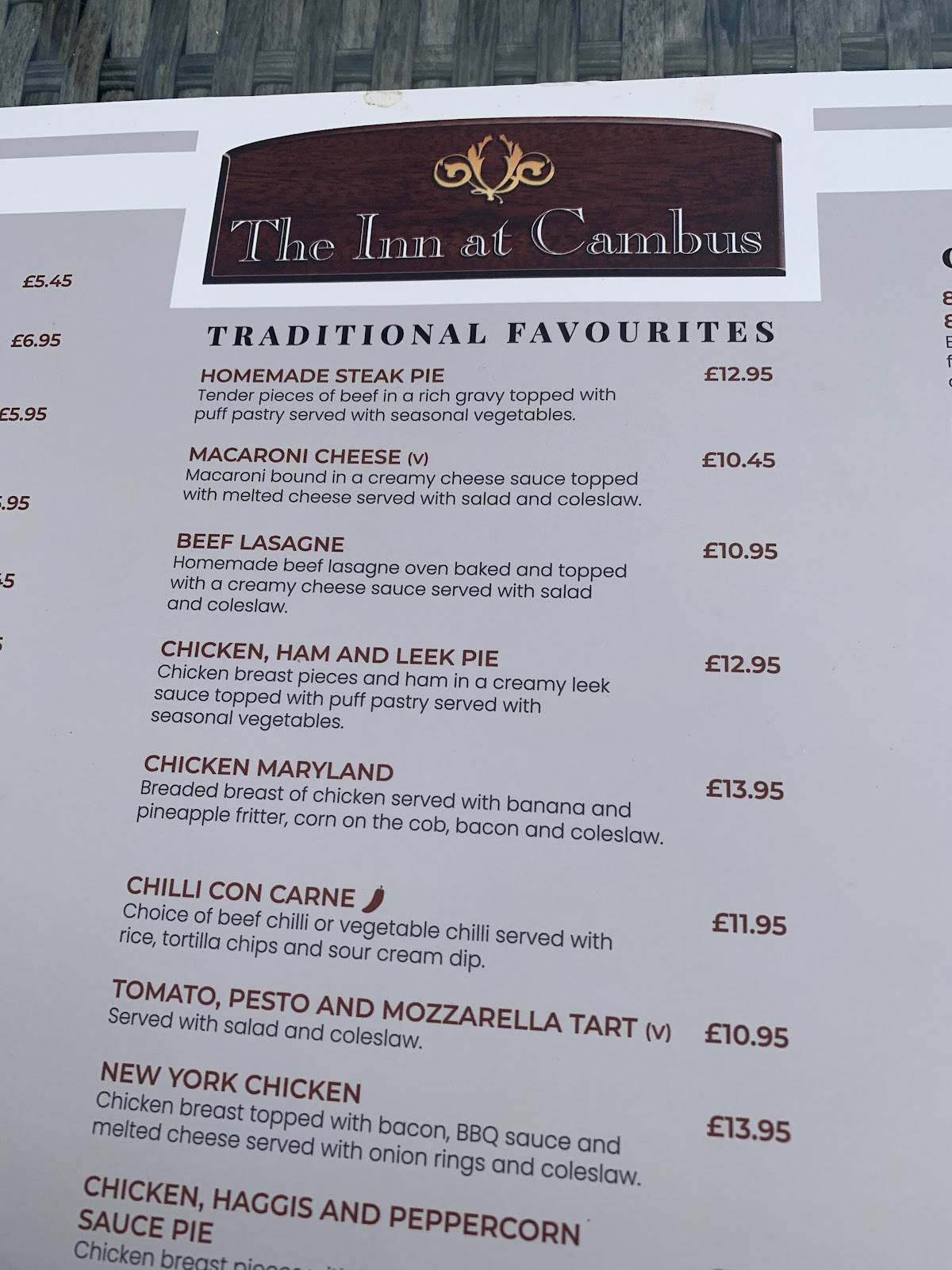 Menu at The Inn At Cambus restaurant, Cambus
